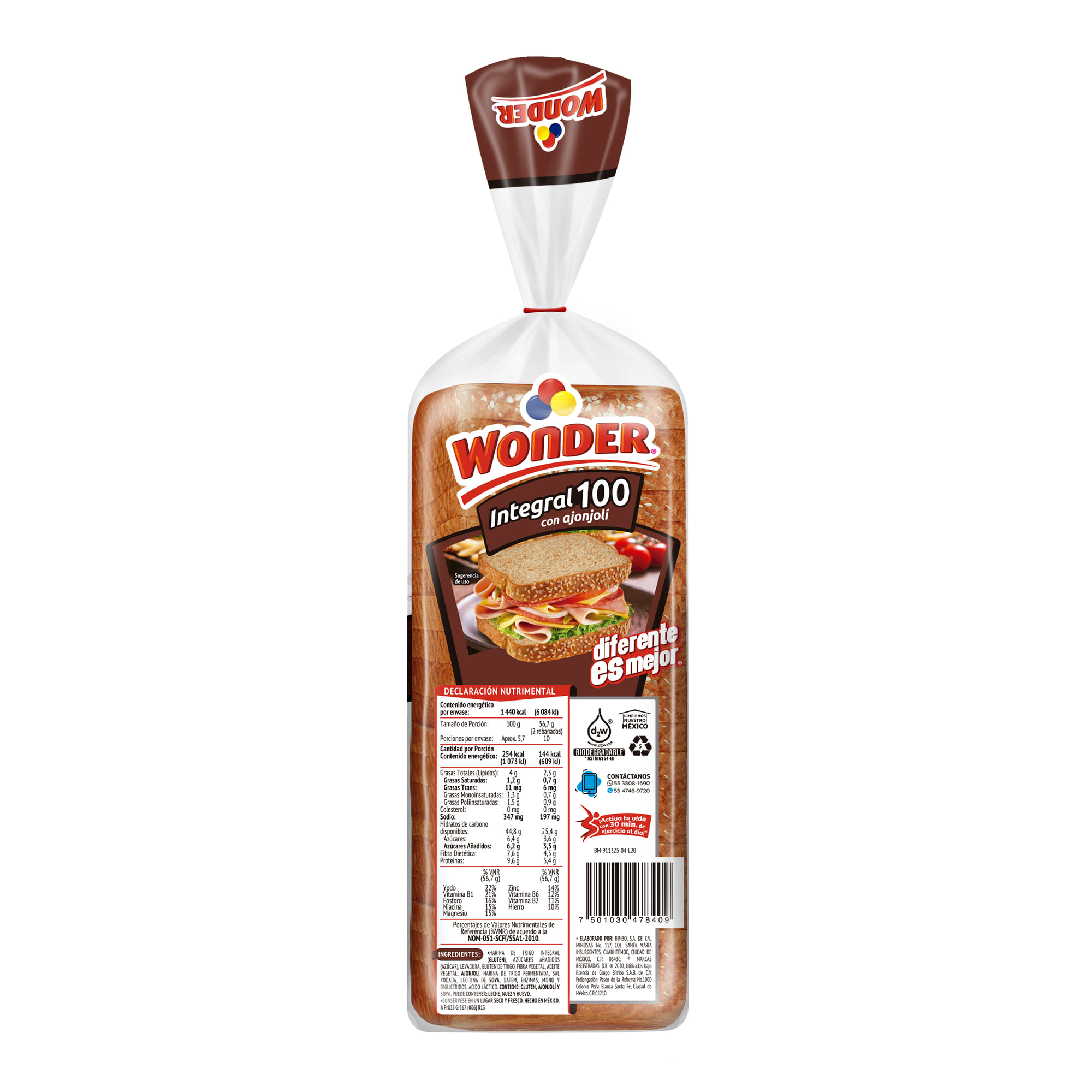 Pan Integral 100% Con Ajonjoli Wonder 567.0